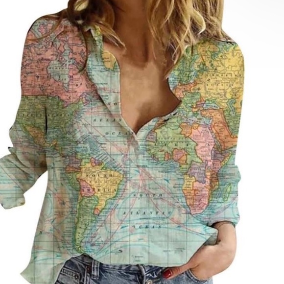MISSLOOK | Tops | World Map Print Linen Top Misslook Map Print Blouse ...
